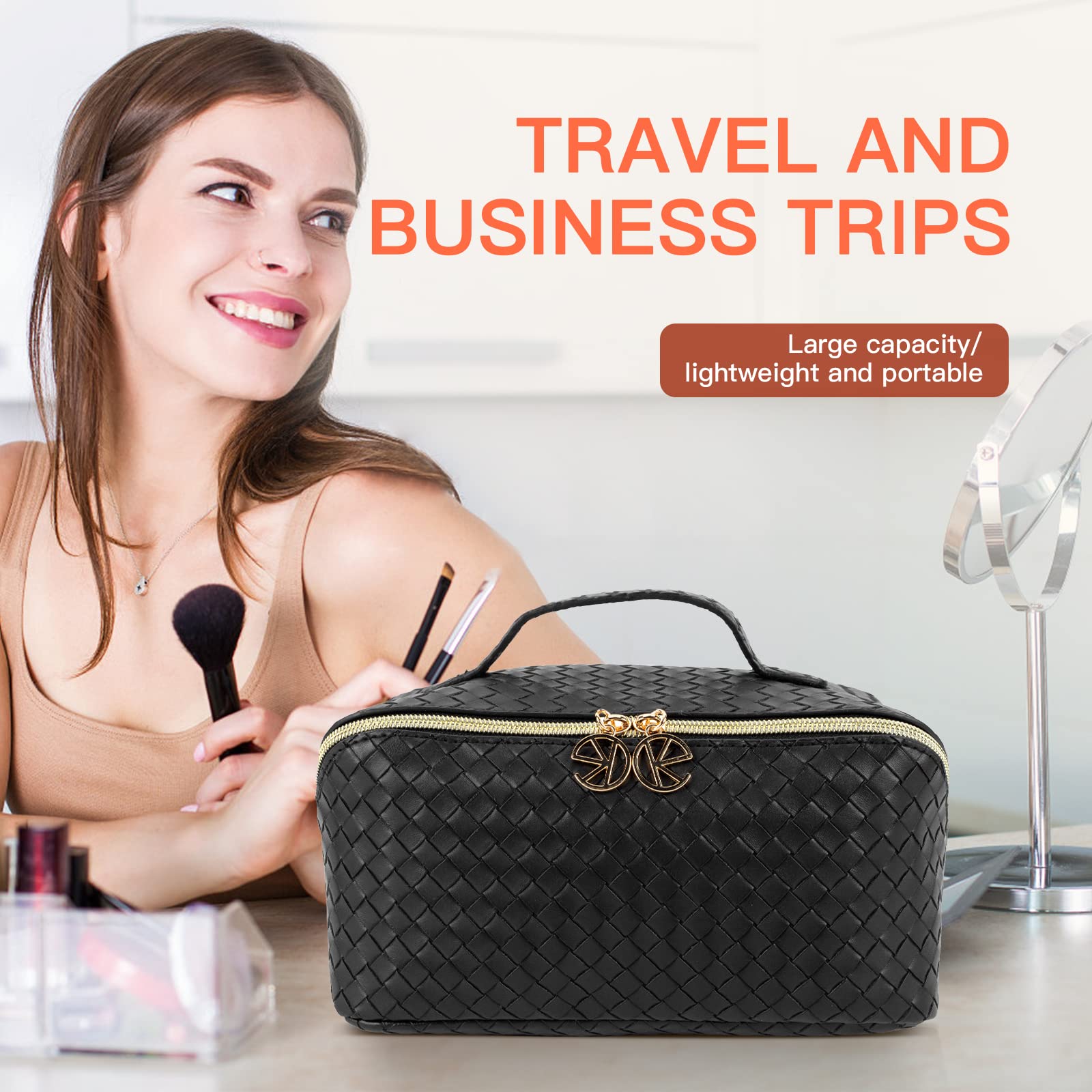 KekeInt'l Cosmetic Bags Portable Makeup Bag Opens Flat for Easy Access,Multifunctional Storage Makeup Bag for Woman (black)