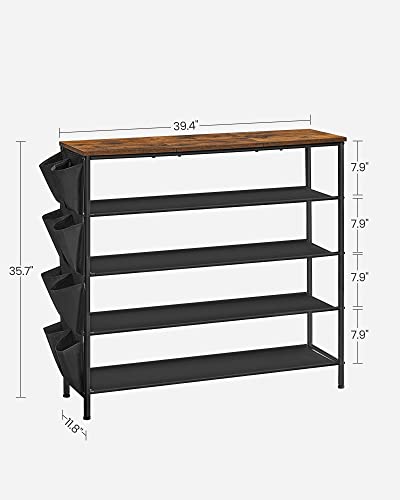 VASAGLE 5 Tier Extra Long Shoe Rack, 39.4 Inches Shoe Organizer with 8 Side Pockets, Shoe Shelf for Closet Entryway, with 4 Fabric Shelves, Steel Frame, Industrial, Rustic Brown and Black ULBS039B01