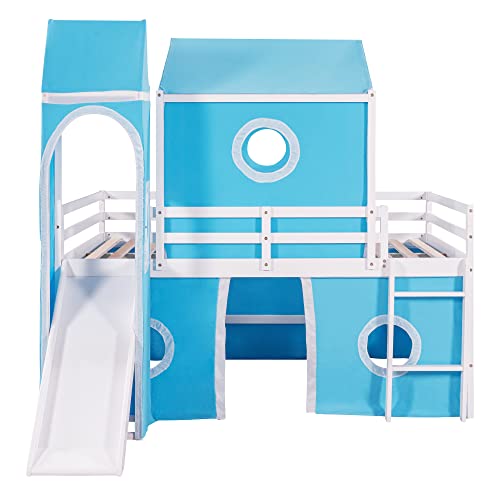 RORIGAT Castle Full Size Bunk Bed,Solid Wood Low Loft Bed Frame with Windows Slide, Tent and Tower,Bunk Bed for Kids Bedroom,Blue