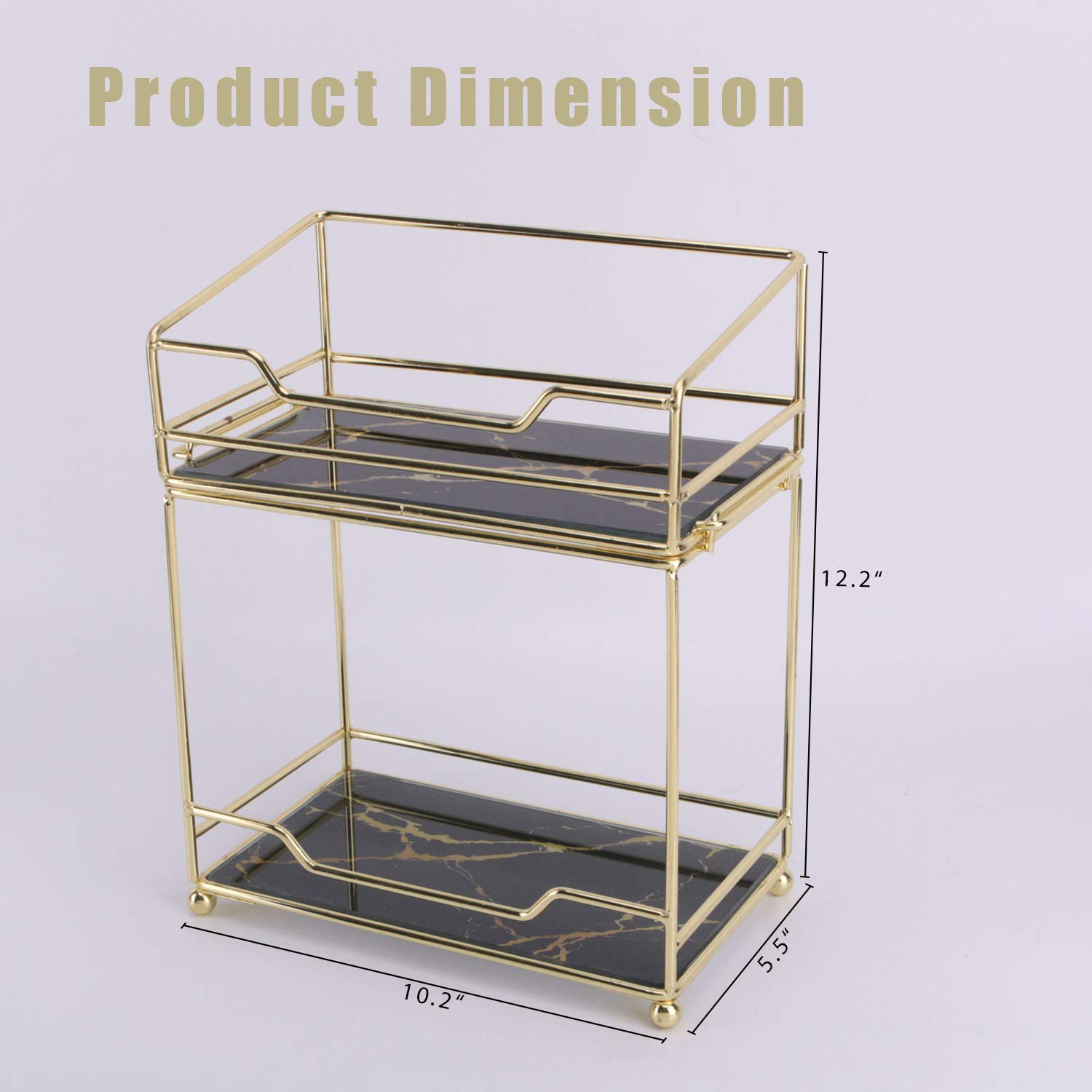 Simmer Stone Makeup Organizer Shelf, 2 Tier Cosmetic Storage Basket with Removable Glass Tray, Wire Vanity Organizer Rack for Bathroom, Dresser, Countertop and More, Stackable Assembly