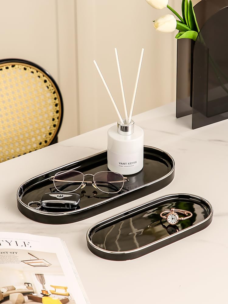 Redelaenor Ceramics Bathroom Tray for Counter, Perfume Key Trinket Ring Tray, Decor Soap Dispenser Countertop Tray for Kitchen Sink Organization.(Black Medium