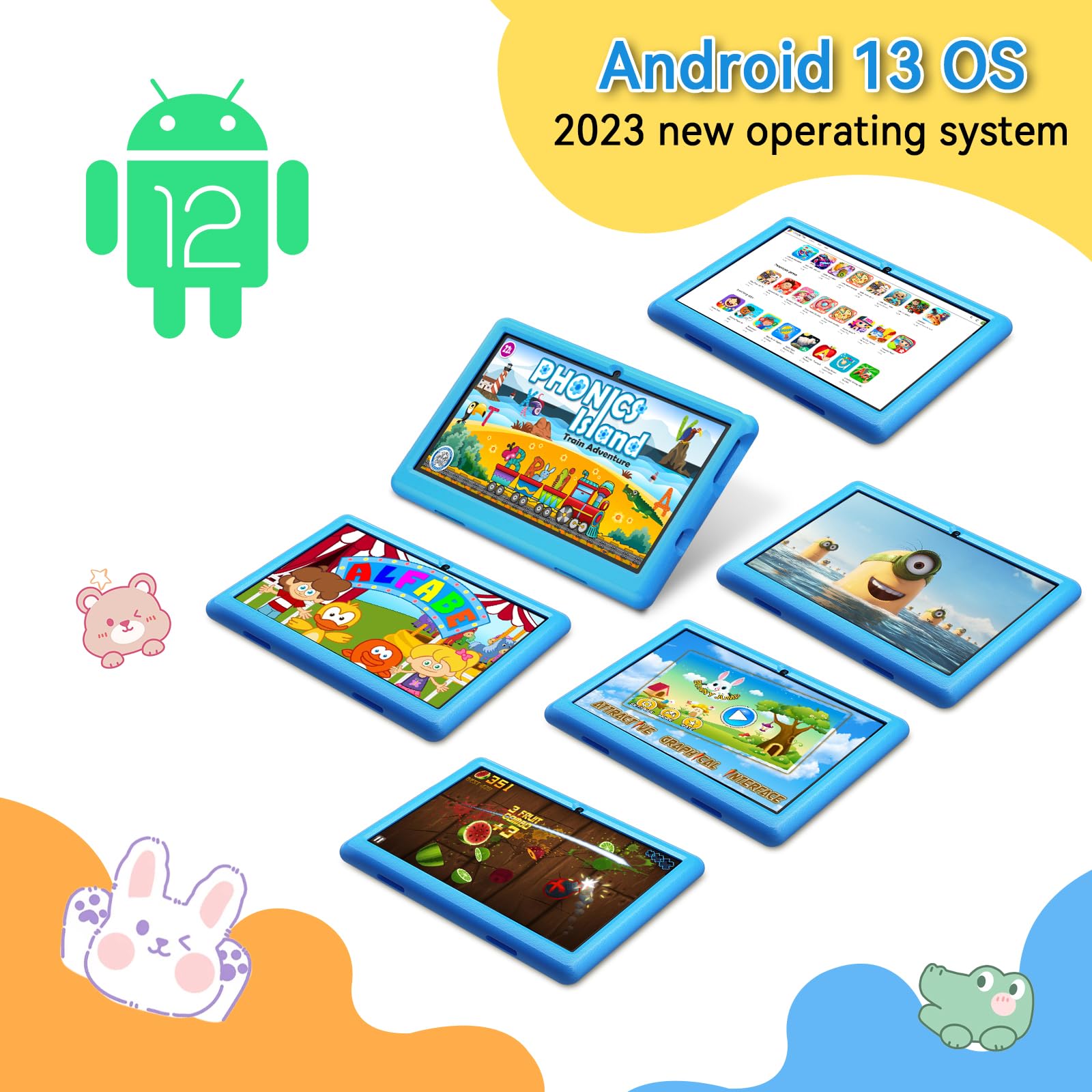 Freeski 10-inch Kids Tablet, Android 13 Tablet for Kids, HD IPS Display, 6GB RAM, 64GB ROM, Quad-Core Processor, Kidoz Pre Installed, Parental Control, Kid-Proof Case
