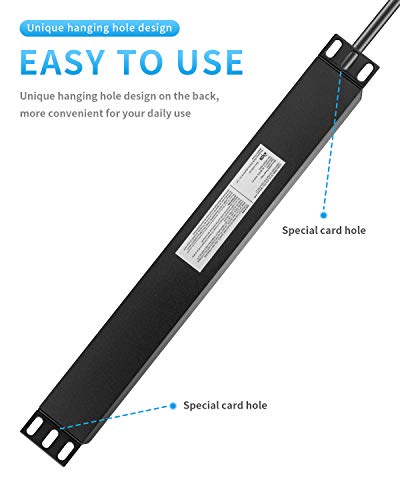 KMC 6-Outlet Metal Power Strip Surge Protector, Metal Mounting Brackets, 6 Foot Extension Cord, 1800 Joules, 125V/15A, Black