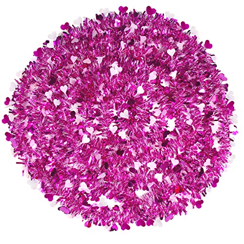 KIMOBER 33 Ft Valentine's Day Tinsel Garland,Roes Red White Heart Metallic Hanging Garland for Party Decoration Supply