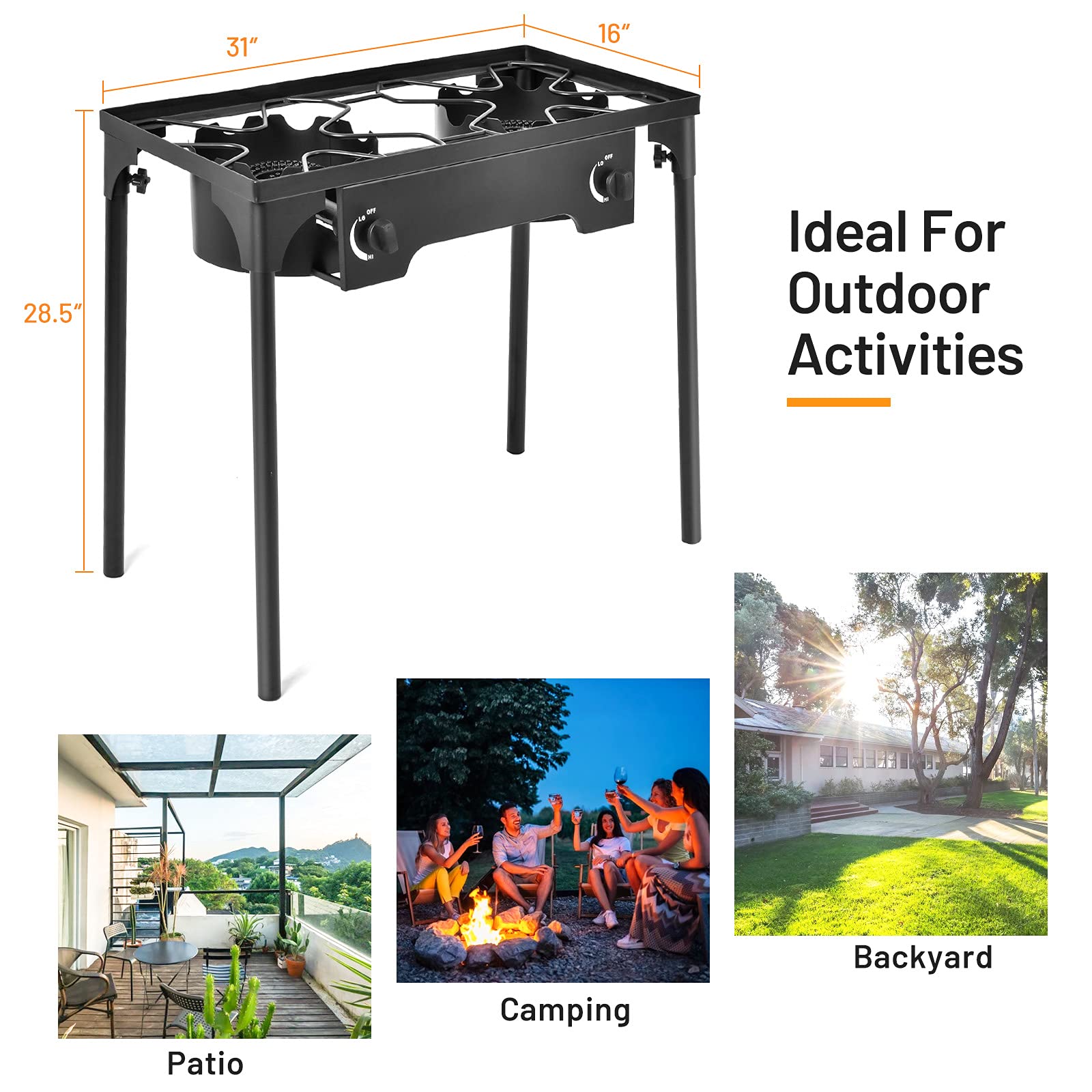 LUARANE Outdoor Stove High Pressure Double Burner Propane, Portable Gas 2 Burner Camp Stand Cooking Adjustable Detachable Legs, 20 PSI Regulator, Patio Camping Burner for Picnic, BBQ Grill (Black)