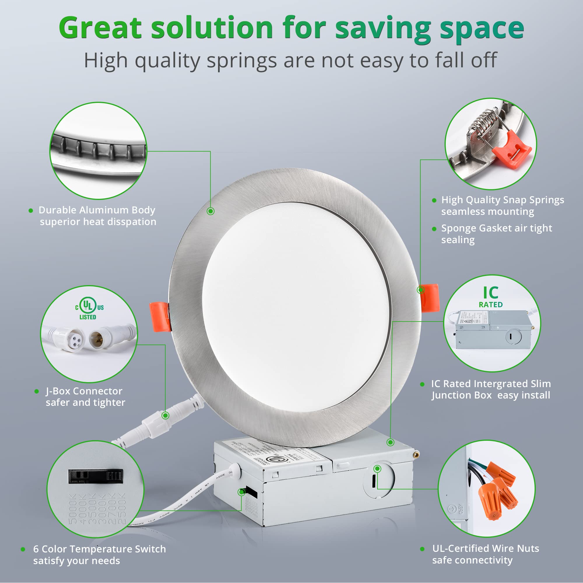 LEDIARY 16 Pack 6CCT LED Recessed Lighting 6 inch, 2500K-5000K Selectable Brushed Nickel Recessed Lights, 1100LM High Brightness, 12W Eqv 110W, Dimmable Can Lights with Junction Box - IC Rated, ETL