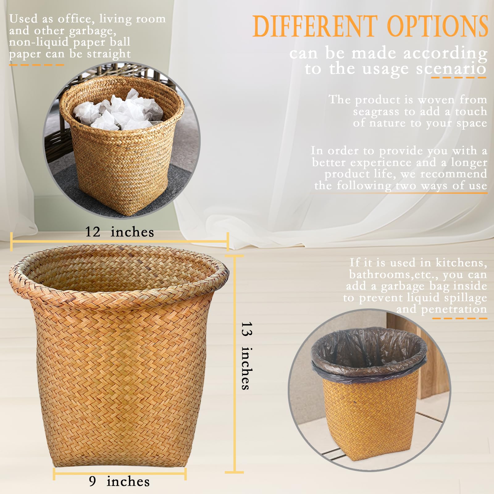 Natural Seagrass Woven Trash Can β 23L (6 Gal) Wicker Waste Basket for Bathroom, Living Room, Office Durable and Compact Design, Small Round Wastebasket Garbage Bin for Organizing and Home Decor