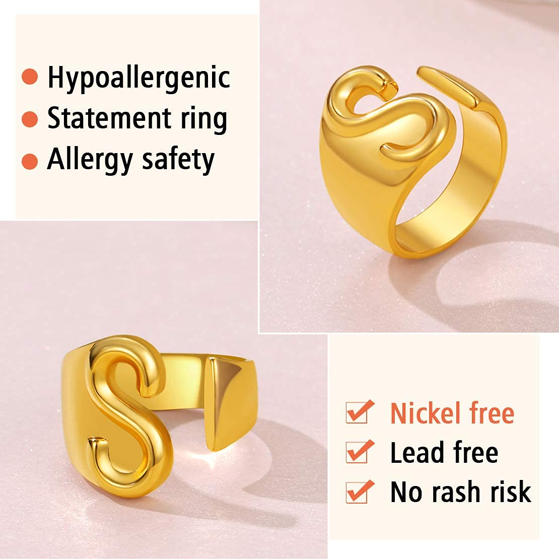 FindChic Initial Ring Chunky Gold Rings That Don't Tarnish Statement Ring for Women Cute Letter A Adjustable Open Rings for Women 18K Gold Plated Stacking Name Ring Size 6 7 8 9 Jewelry