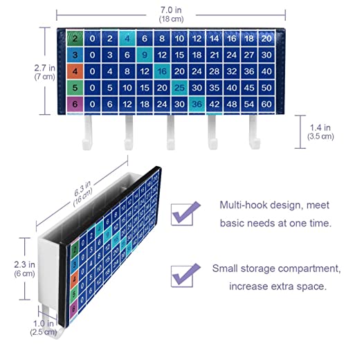 Multiplication Table Mail Holder Organizer and Key Hooks PU Front, Self Adhesive Key Rack with 5 Hooks Perfect for Entryway, Hallway,Bathroom ,Kitchen