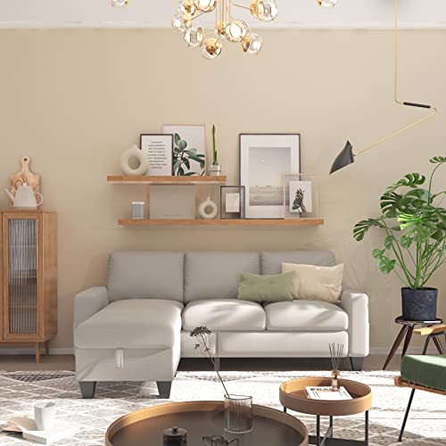 Sunrise Coast Sectional L-Shaped Sofa Modern Linen Fabric 3-Seat Couch with Convertible Storage Ottoman Beige Living Room Furniture Set for Apartment Loft Small Spaces