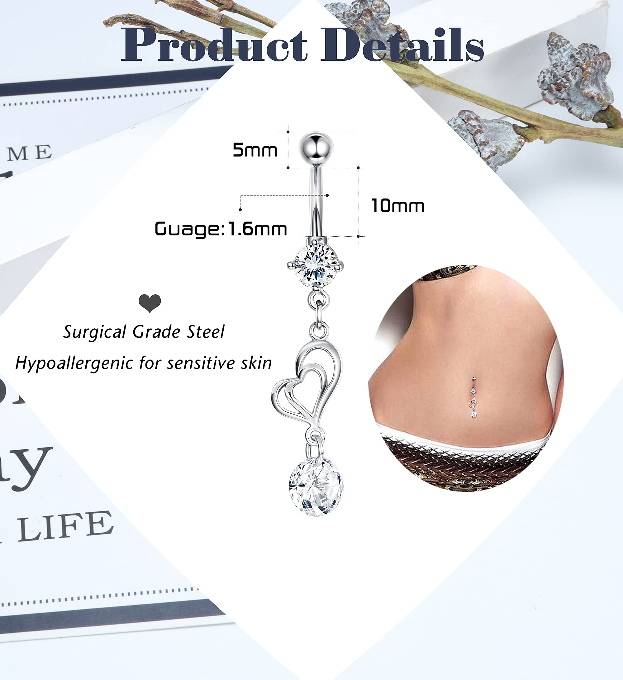 Drperfect 14G Belly Button Rings Dangle for Women Surgical Steel Navel Rings Body Piercing Jewelry