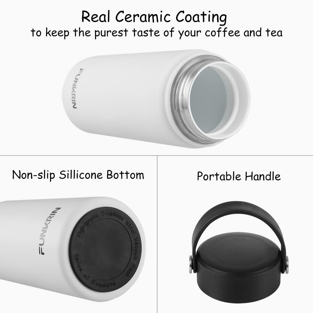 Funkrin Insulated Coffee Travel Mug with Ceramic Coating, 18oz Wide Mouth Flex Cap Water Bottle, Vacuum Stainless Steel Leak-Proof Thermos Tumble Flask Cup for Office School Outdoors