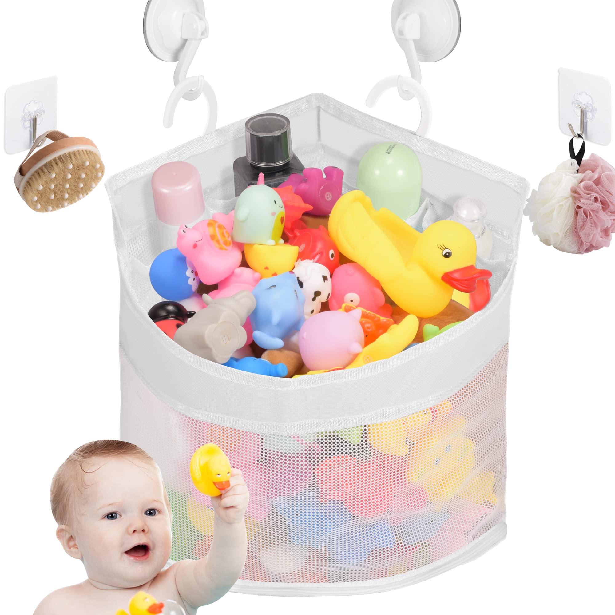 Fypxd Bath toy storage,Bath Toy Organizer,Large Capacity,Quick Drying, Bottom Zipper Bathtub Toy Storage Bag,Corner Hang-Suspension Bath Toy Holder (White)