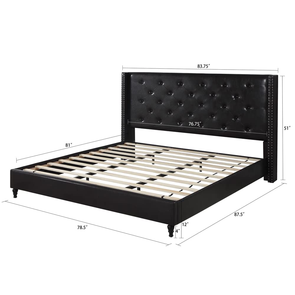 King Upholstered Platform Bed Frame with 51" Tall Headboard - Button Tufted Leather Bed - Wood Slat Support with Storage Space - No Box Spring Needed - Easy Assembly - Black - Oliver & Smith Astor
