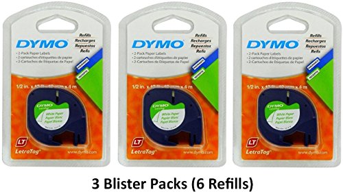 DYMO 10697 Self-Adhesive White Paper Labeling Tape for LetraTag (LT) Label Makers; 3 Blister Packs (6 Refills); Each with Two 1/2" Wide x 13ft Long (12mm x 4m) Refill Rolls
