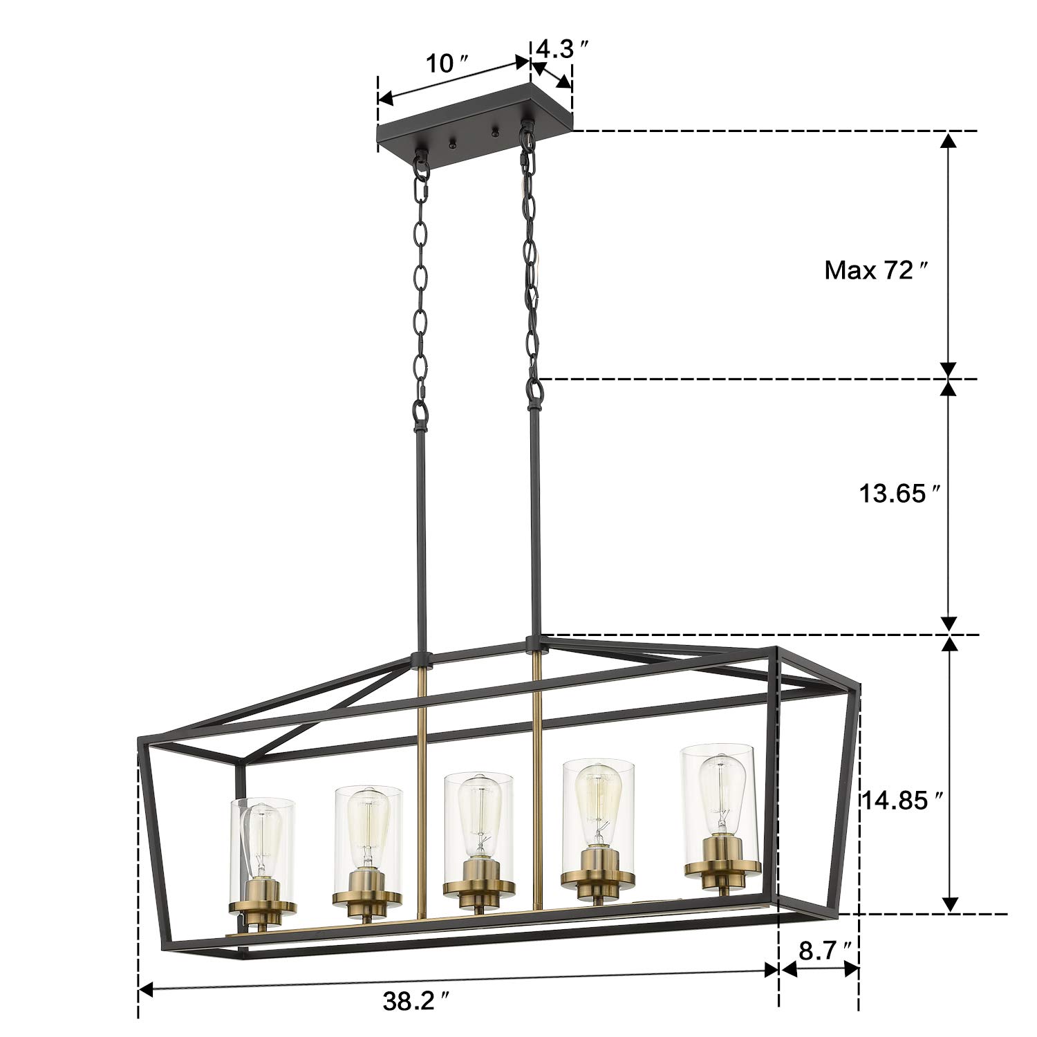 Emliviar Modern 5-Light Kitchen Island Pendant Light Fixture, Linear Pendant Lighting, Black and Gold Finish with Clear Glass Shade, P3033-5LP