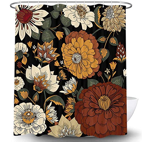 Torich Boho Floral Botanical Shower Curtain, Mid Century Morden Abstract Bohemian Flowers Tropical Leaves Bathroom Curtain, Waterproof Fabric Bathroom Accessories with Hooks 69X72