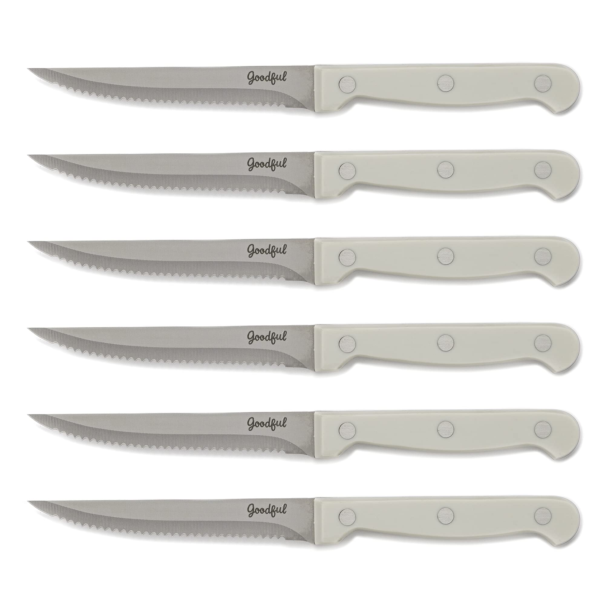 Goodful Premium Cutlery Steak Knife Set, High Carbon Stainless Steel, Full Tang, Triple Riveted Handles, 6-Piece, Cream