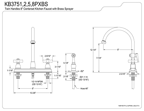 Kingston Brass KB3755PXBS Deck Mount 8" Center Kitchen Faucet, Porcelain Cross Handle with Brass Sprayer, Oil Rubbed Bronze