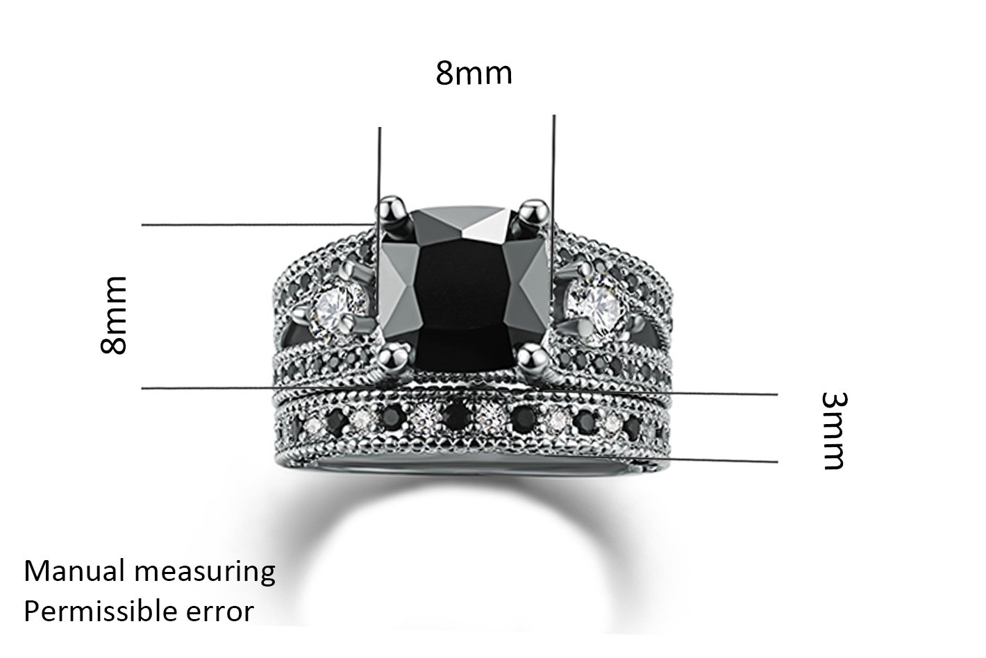 Double Fair White or Black Gold Plated Cushion Cut Black CZ Stone Engagement Promise Anniversary Ring Sets For Women (Silver, 8)