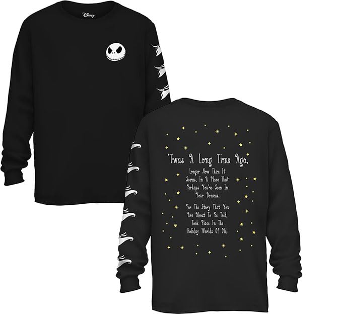 Disney Nightmare Before Christmas Jack Skellington TWAS Along Time Ago Sleeve Adult T-Shirt(XL, Black)