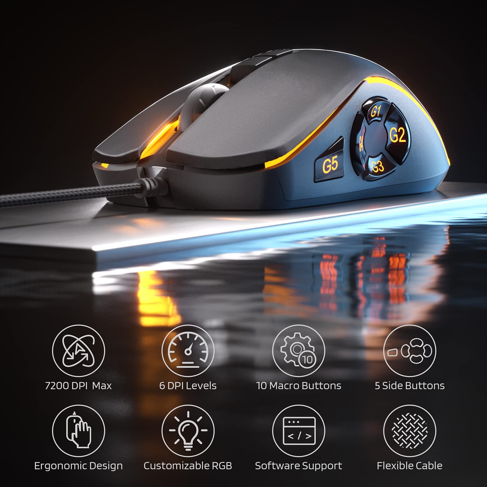 LTC MKM051 MMO Gaming Mouse, 10 Programmable Buttons, 7200 DPI, Wired RGB Mouse Ergonomic Natural Grip Build, 5 Side Macro Keys, Software Supports DIY Keybinds & Backlit, Black