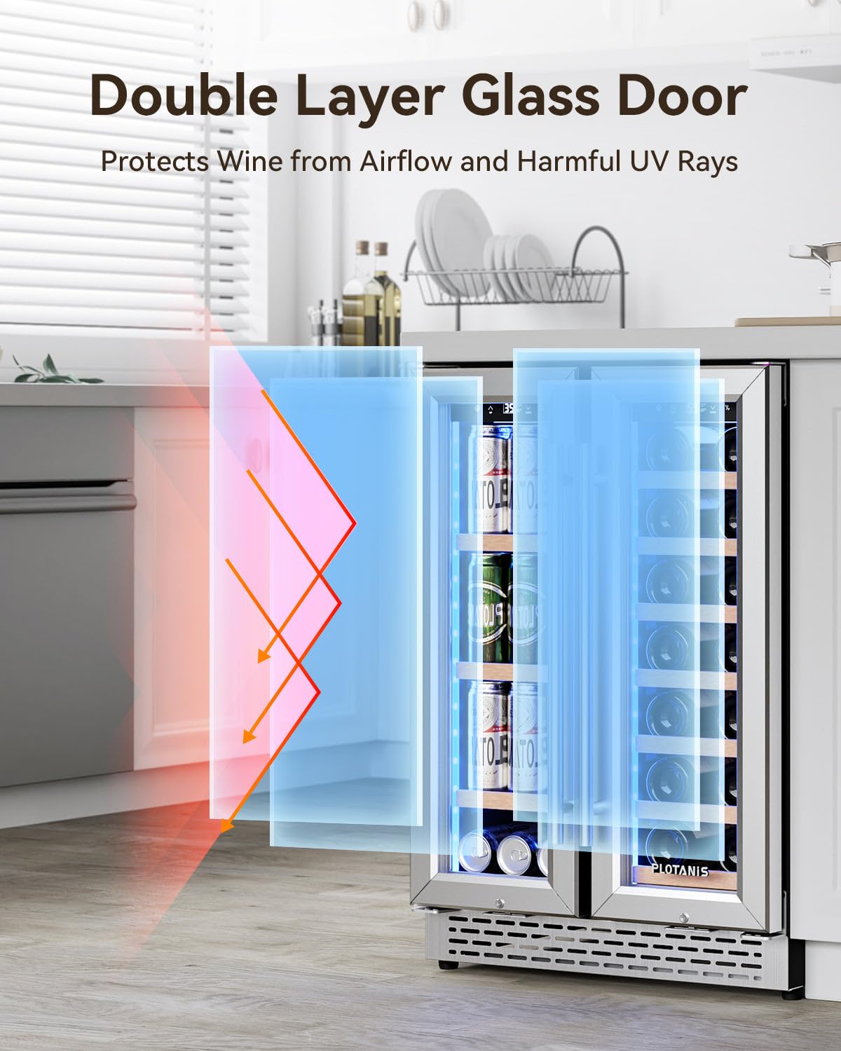 Plotanis 24 Inch Wine Fridge Dual Zone 20 Bottles 60 Cans Wine Refrigerator Built-in or Freestanding Wine Beverage Cooler with Glass Door, 3-Color Light, Safety Lock