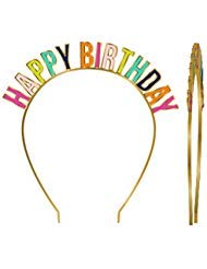 slant collections Tiara Gold Metal Birthday Party Crown Headband, One-Size Fits Most, Happy Birthday