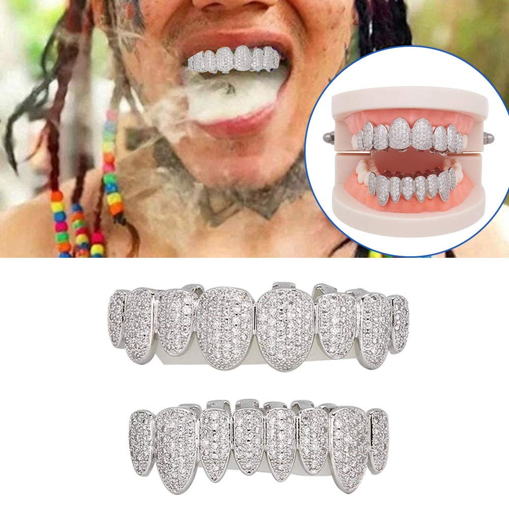 Grillz Teeth, Teeth Set Hip Hop Prop Teeth Accessory Decoration for Halloween Party Gift (Silver Suit)