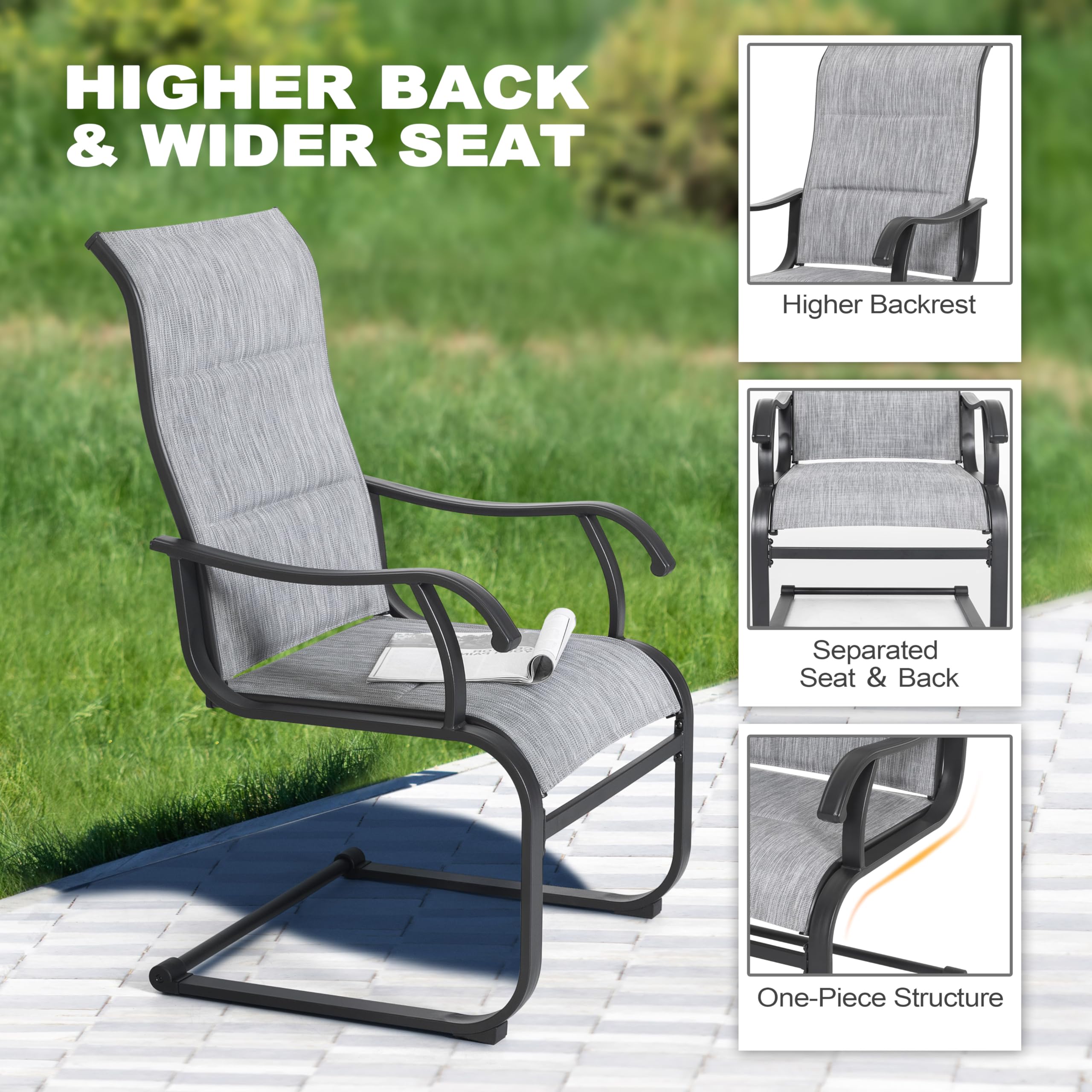 NUU GARDEN Patio Dining Chairs Set of 2, All Weather Outdoor Padded Textilene Patio Chairs, Breathable Spring Motion Textile High Back Outdoor Dining Chairs for Backyard, Lawn, Deck, Grey