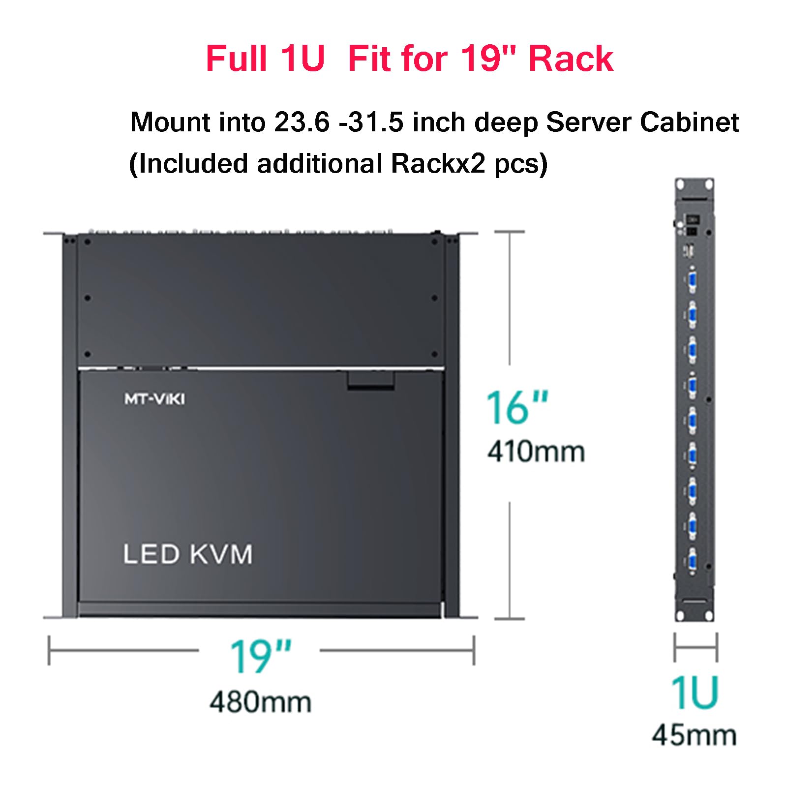 MT-VIKI 1U Rack Mount KVM Console, 8 Port KVM VGA Switch w/15.6'' LCD Monitor, 1080P, Mount into 23.6-31.5 inch deep Server Cabinet, Integrated Touchpad+Keyboard+8 KVM Cables