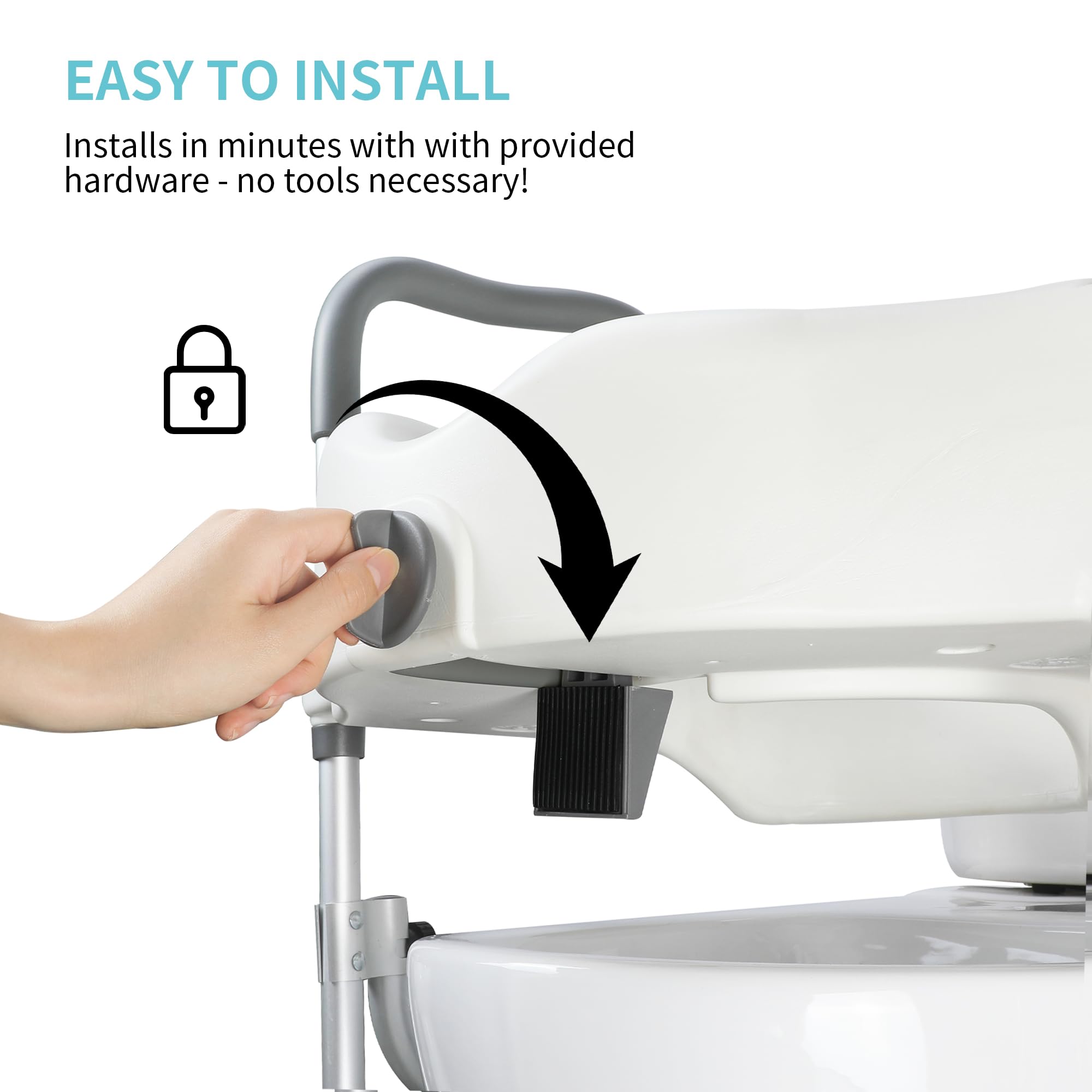 Lock Raised Toilet Seat with Handles, 5 Inch Toilet Seat Riser Heavy Duty with Adjustable Arms and Legs Fits Most Toilets, Elevated Toilet Seat 300 LBS(Regular, Grey+White)