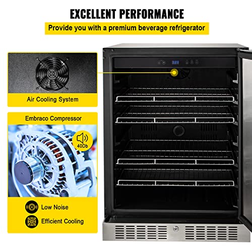 VEVOR 24" Undercounter, 5.3 cu.ft. Compact Stainless Steel, Built-in Beverage Refrigerator,Mini Beer Fridge for Home Bar Office Outdoor, Silver