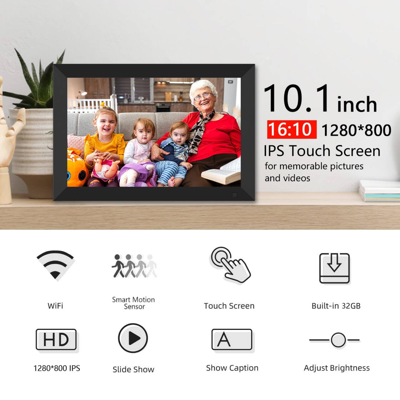 FRAMEO Smart Digital Photo Frame, 10.1 Inch WiFi Digital Picture Frame with IPS Touch Screen, Auto-Rotate, 16GB Storage, Easy to Share Photos or Videos via Frameo APP from Anywhere (Black)