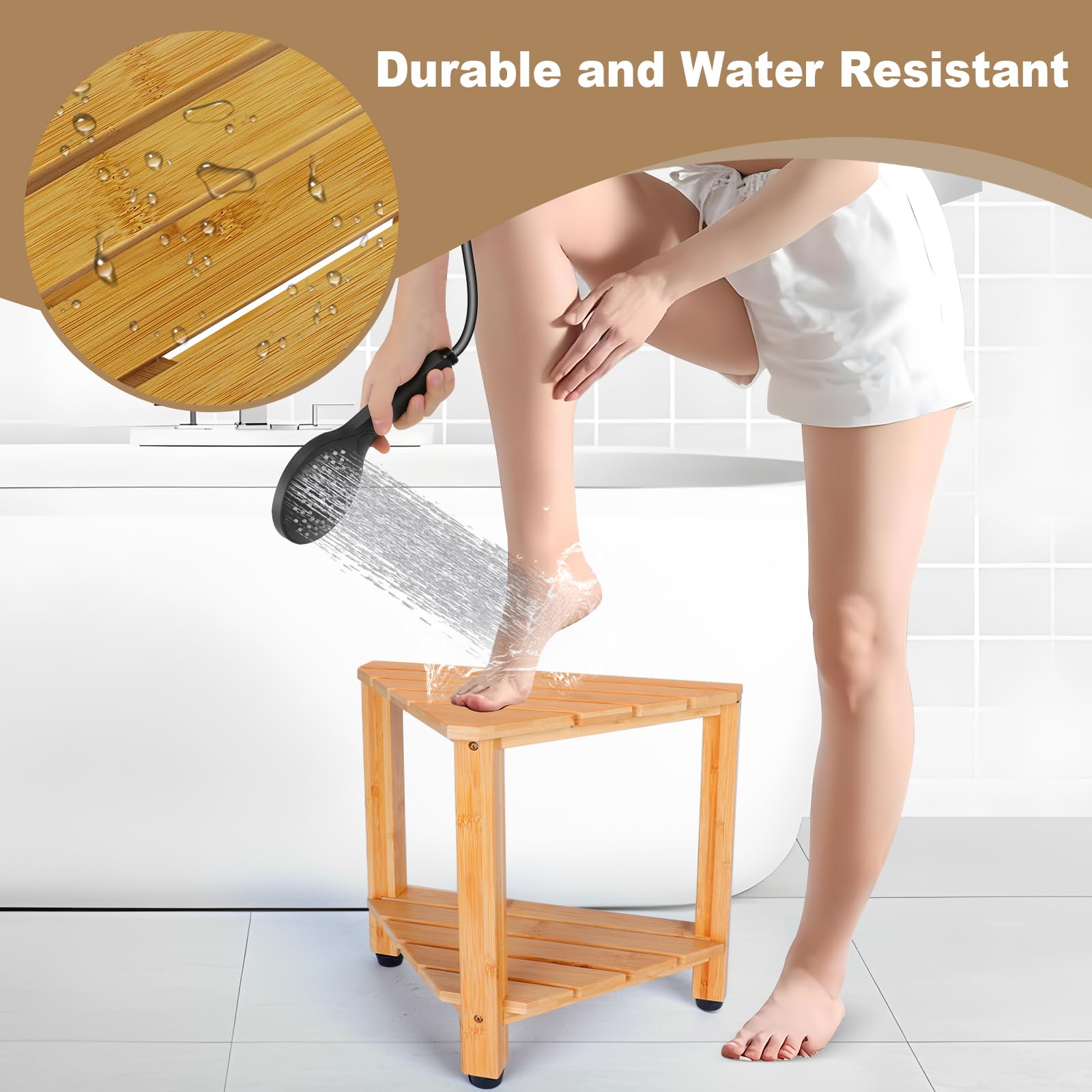 MISSEND Shower Foot Rest 13 in, Wood Shower Stool for Shaving Legs,Corner Bath Shower Bench with Starage Shelf for Inside Small Shower Spaces - Water Resistant