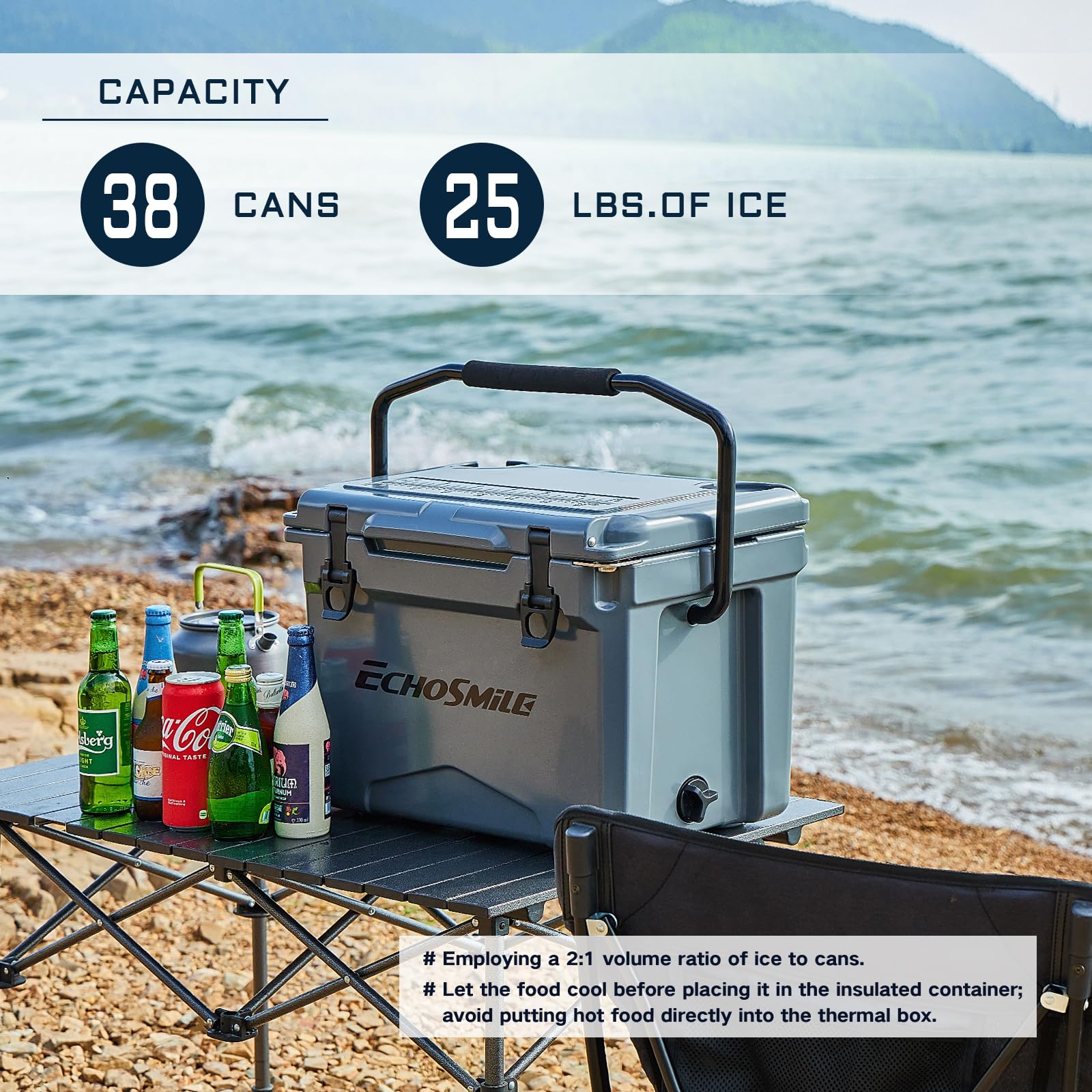 EchoSmile Insulated Portable Cooler 12/18/25 Qt, Rotomolded Cooler with Sealing Ring, Lightweight Ice Chest Box, Hard Cooler for BBQ, Beach, Drink, Camping, Picnic