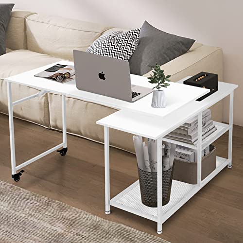 LTMEUTY 360°Free Rotating Desk - Modern Home 0ffice Desk, Reversible Computer Desk Study Writing Table Workstation, L-Shaped Corner Desk with Storage Shelves, Sofa Side Table, White