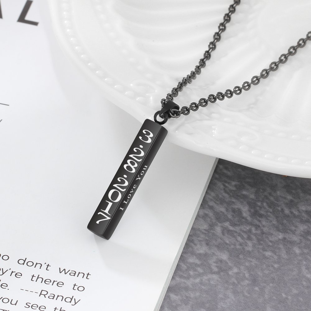 diamondidde Personalized Custom Message Names Pendant Necklace Unisex Stainless Steel Vertical Cuboid Bar Necklace (Black)
