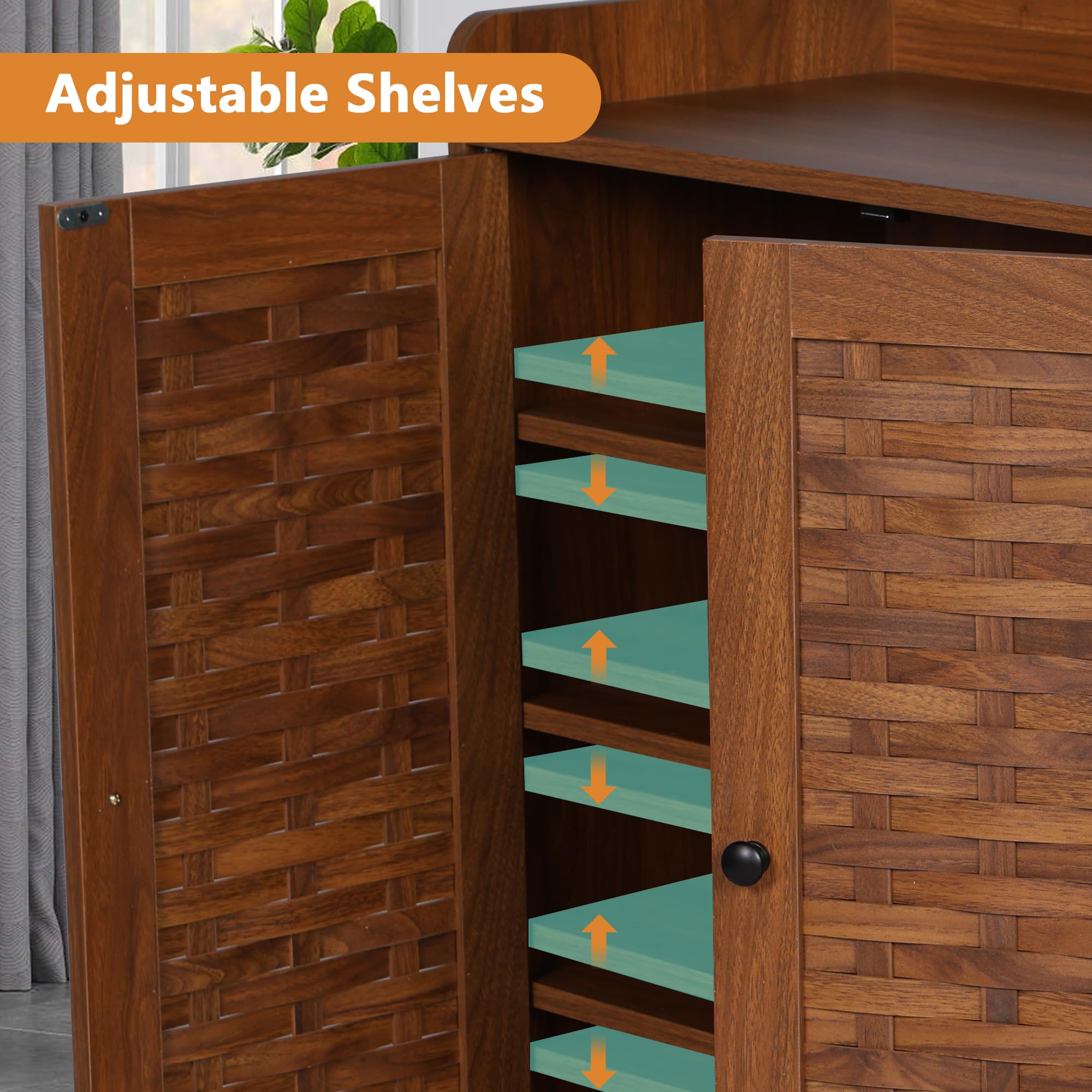 NVETHM Shoe Cabinet, Shoe Storage Cabinet with Two Rattan Doors and Adjustable Shelves, Free Standing Shoe Rack for Entryway, Living Room (Walnut)