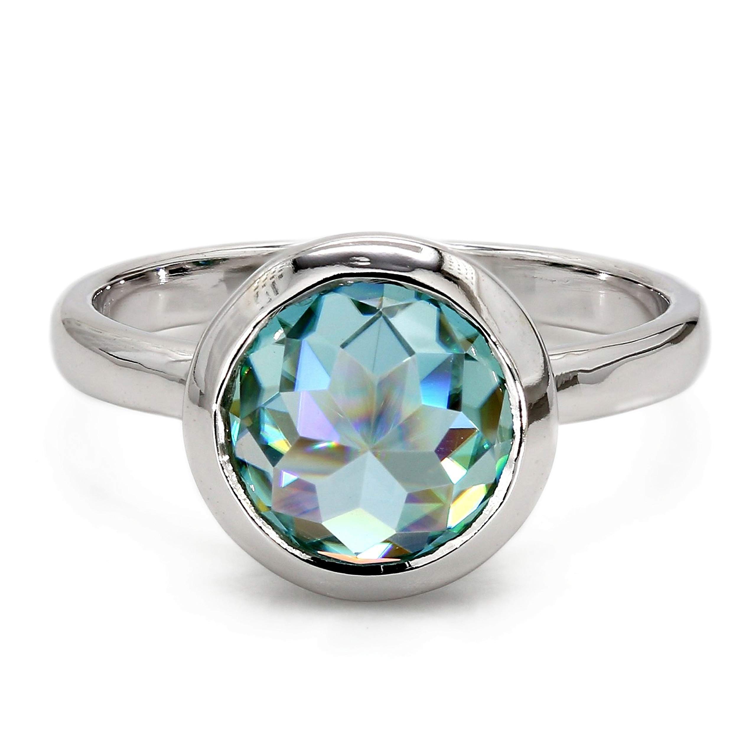Diamondrensu Bezel Set Solitaire Ring, 2.01 CT Round Rose Cut Cyan Blue Moissanite Engagement Ring, 925 Silver, Wedding Ring, Bridal, Ring size 10 US