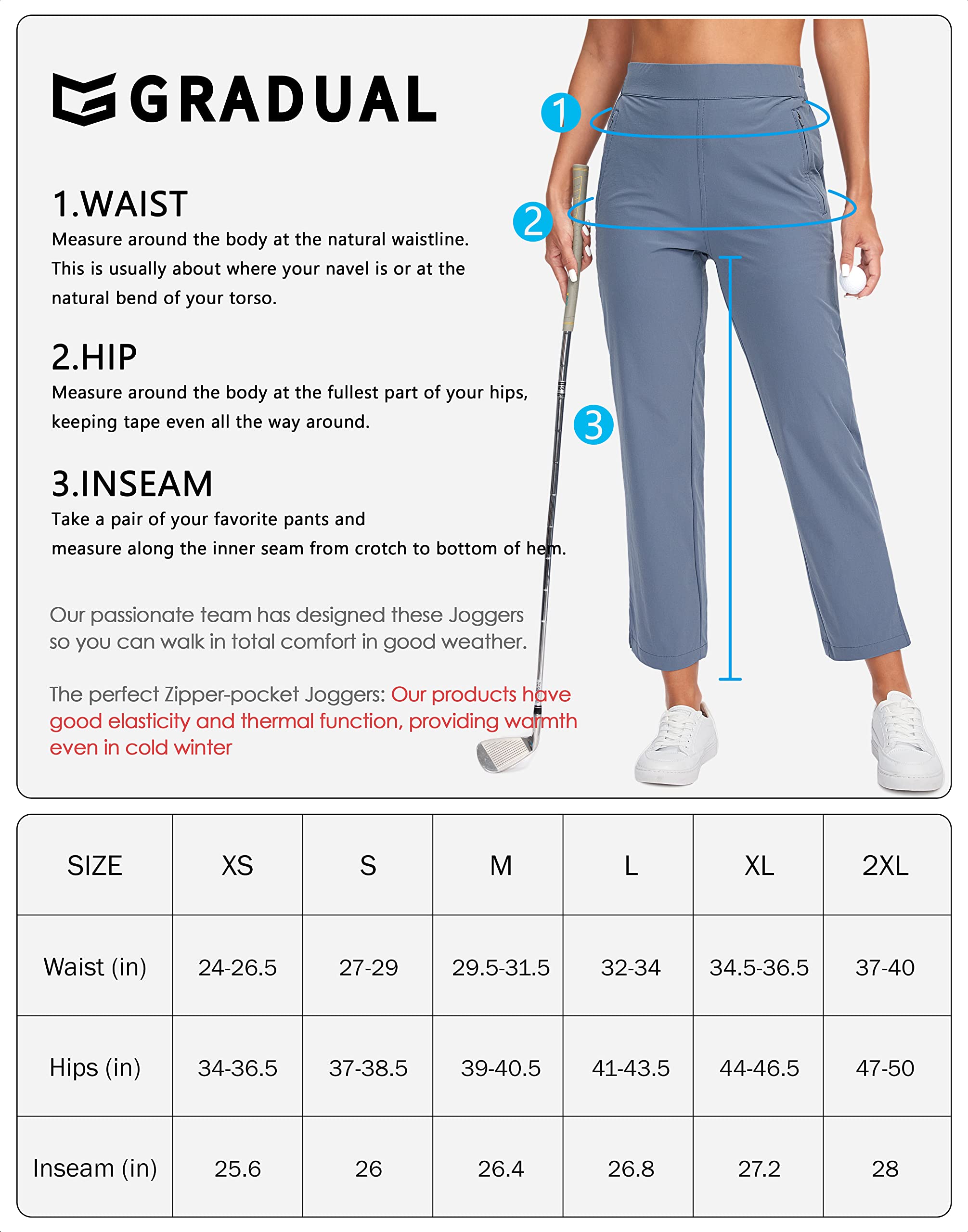 G Gradual Women's Golf Pants with Zipper Pockets Pull On Stretch Lightweight Quick Dry Ankle Pants for Women Travel Work (Dark Grey, M)