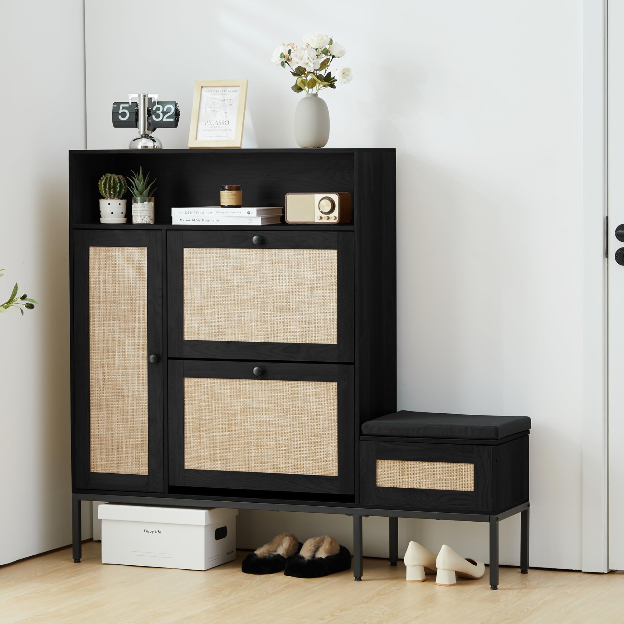 NVETHM Shoe Cabinet, Shoe Storage Cabinet with Two Rattan Doors and Adjustable Shelves, Free Standing Shoe Rack for Entryway, Living Room (Natural-1)