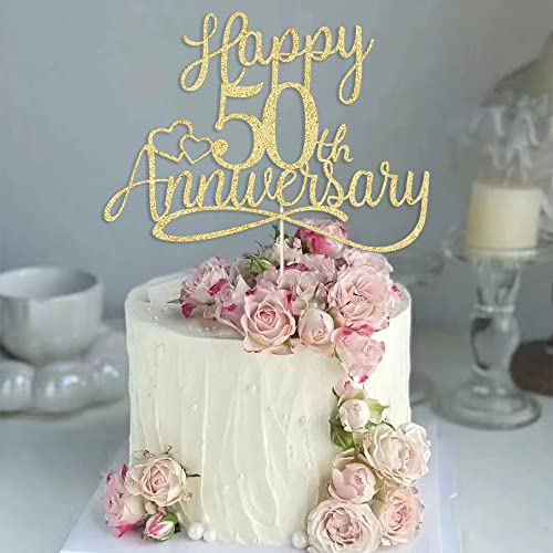 Sleyberoy Glitter Happy 50th Anniversary Cake Toppers -Wedding Anniversary Party Decorations, 50th Wedding Anniversary, Company Anniversary Party, Birthday Party Decorations (50thGold)(Fifty)