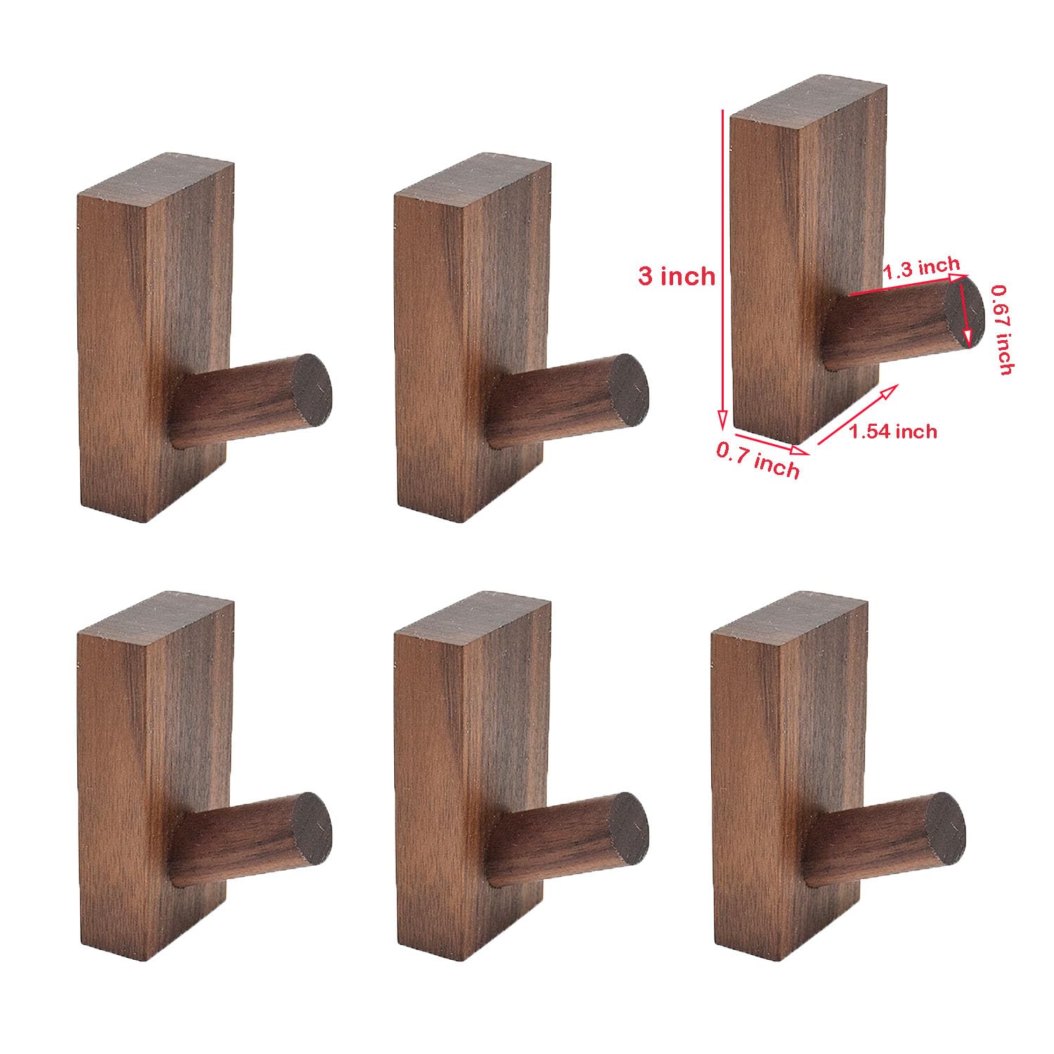 Ourart Wood Wall Hooks 6 Pack, Natural Wooden Adhesive Coat Hooks Wall Mounted, Rustic Wooden Hooks Heavy Duty Robe Hook Hat Rack for Hanging Bathroom Towels Clothes Hanger (Walnut Wood)