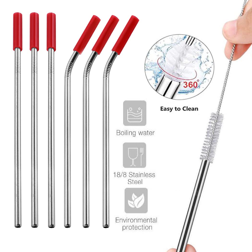 Hoshen 7 Piece 8.5 Inch Reusable Stainless Steel Straw Set With Anti-Scratch Mouth Silicone Tip, Bone Pack Set (3 Straight/3 Curved/1 Brush/6 Silicone Mouth) - Red