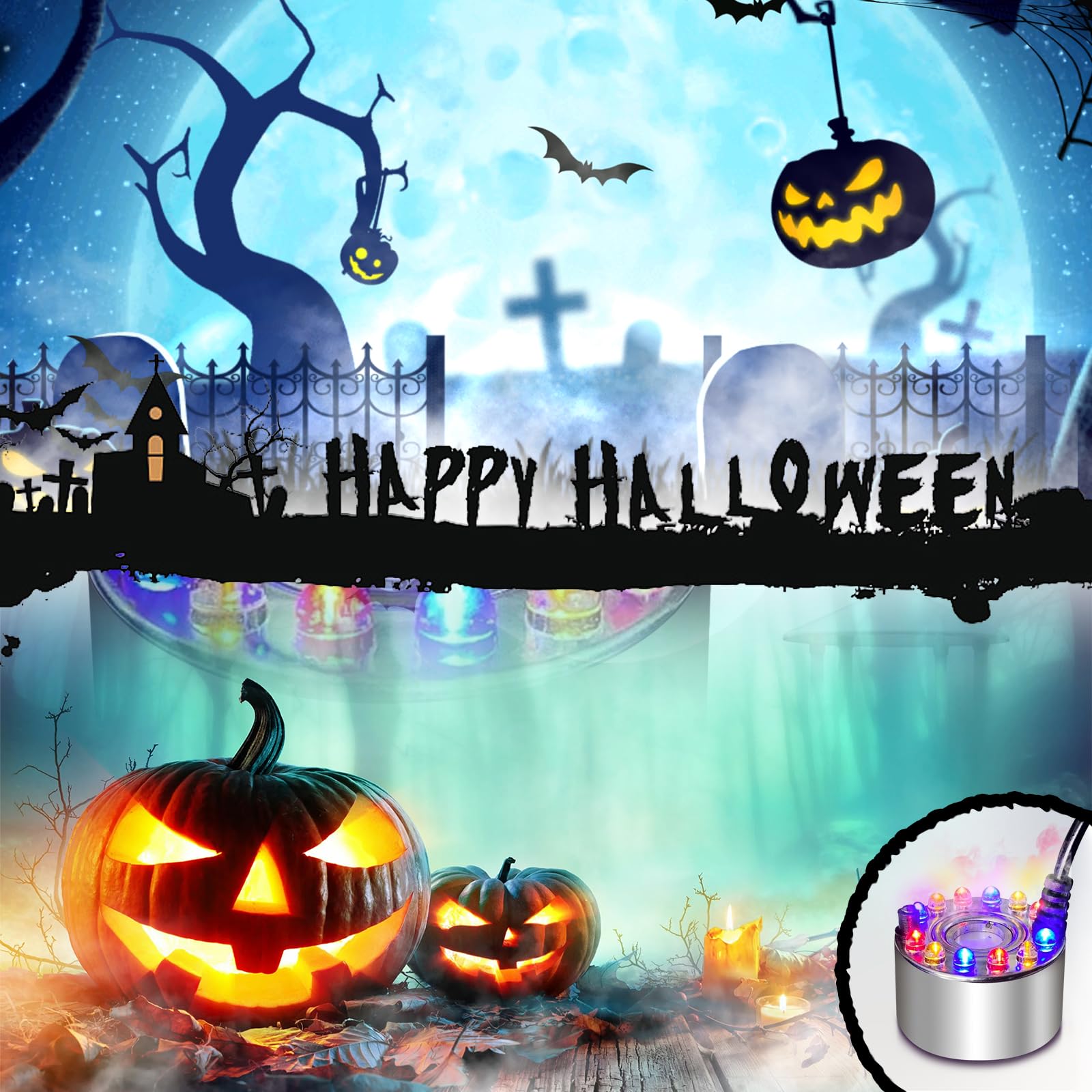 Halloween Mist Maker, Halloween LED Ultrasonic Mister Fogger with Light Witch Cauldron Diffuser Fog Machine Atomizer Bowl Terrarium High Output Humidifier Water Vaporizer with Splash Guard Float Disc