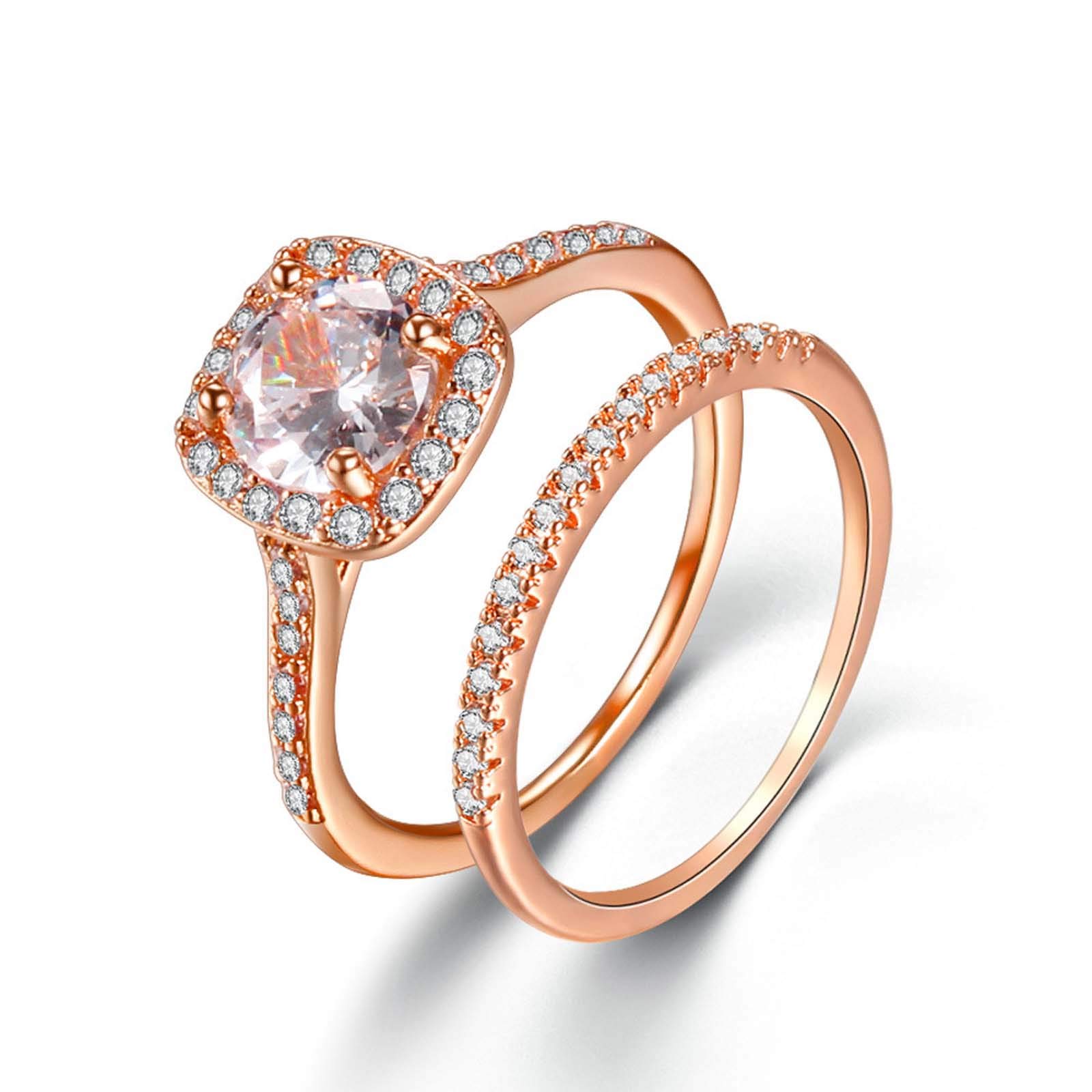 Fragarn 2Pcs Bohemian Engagement Rings,14K Gold Plated Sterling Silver Rings,Simulated Diamond Stackable Ring Eternity Bands for Women(Rose Gold,8)