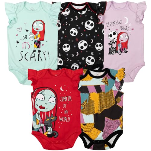Disney Nightmare Before Christmas Jack Skellington Sally Newborn Baby Girls 5 Pack Cuddly Short Sleeve Baby Bodysuits Multicolor