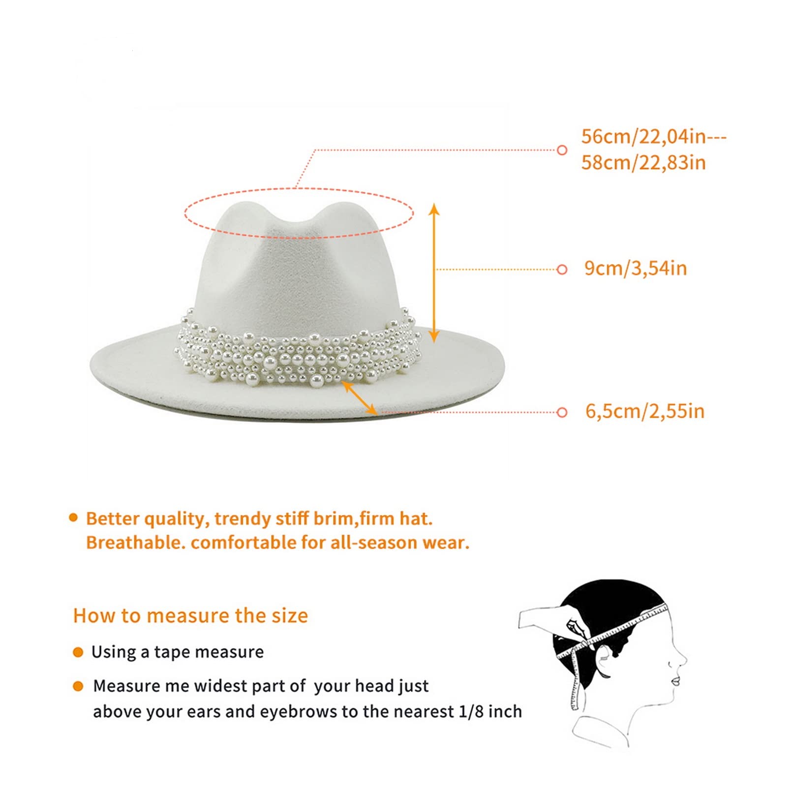 EOZY Women's Vintage Pearl Band Fedora Hat Trendy Wide Brim Trilby Panama Hat/White