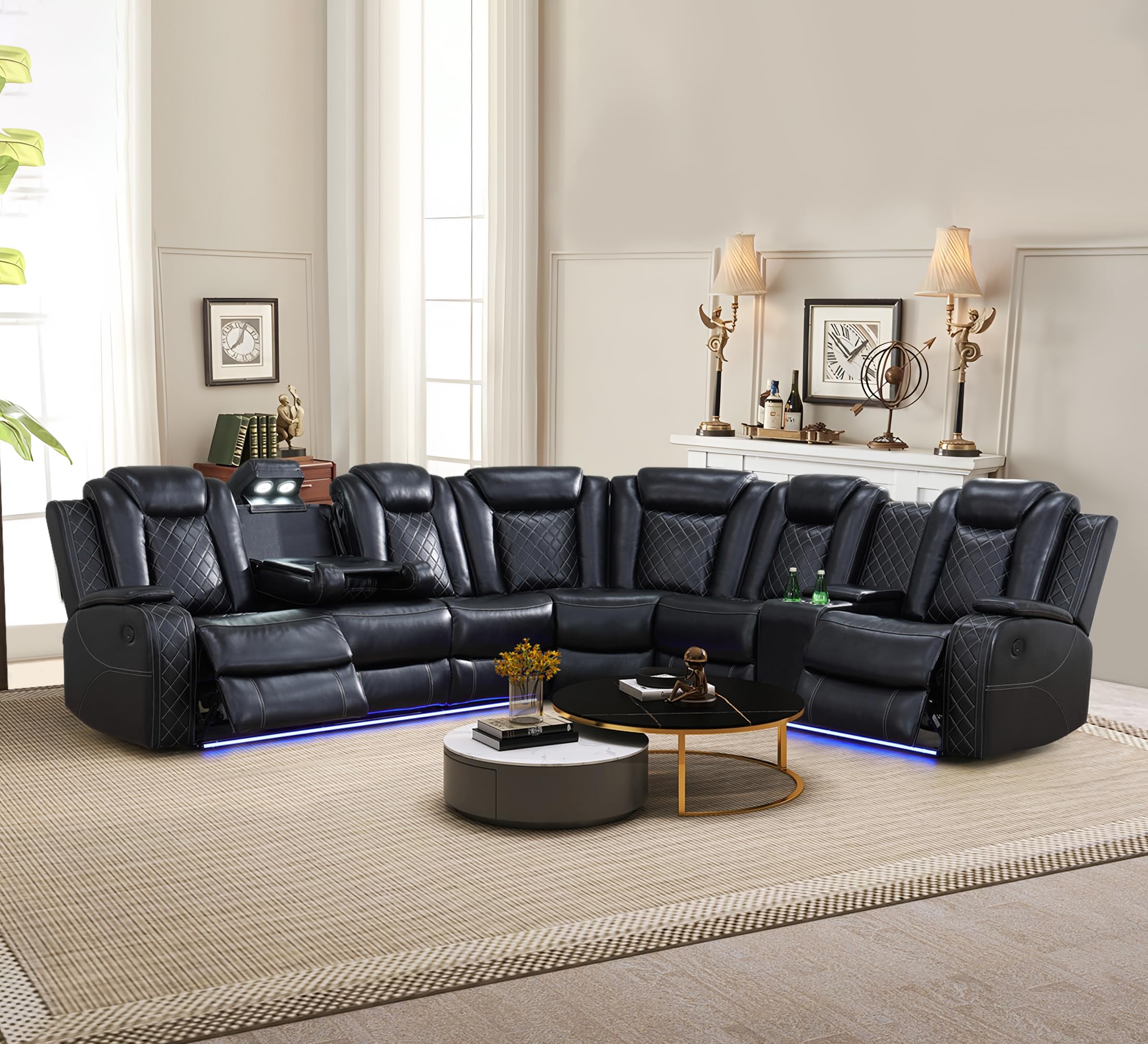 Power Recliner Sectional Sofa with LED, Breathing Leather Power Reclining Sofa Set, Sectional Reclining Couch with USB Port/Cup Holder/Storage for Living Room (Black)